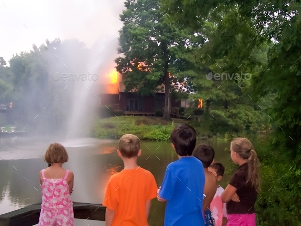 Kids looking at house that got struck by lighting & caught on fire ...