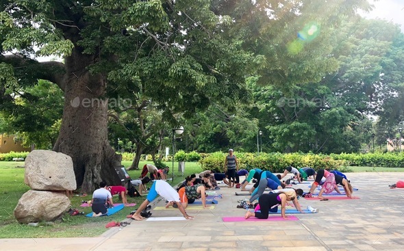Group of people at an outdoor yoga namaste class at town’s park Stock ...