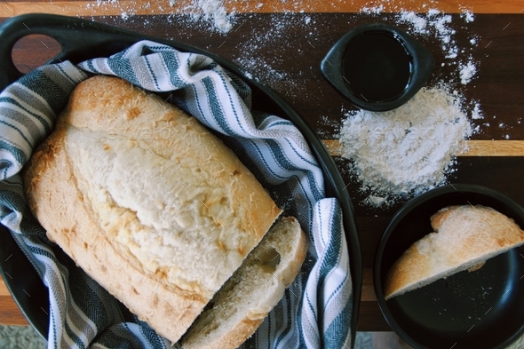 Homemade crusty fresh & delicious artisan bread overhead served on ...