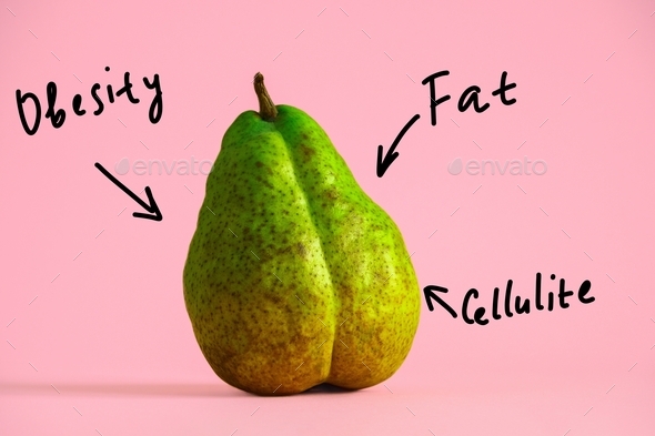 pear with arrows and inscription obesity, fat and cellulite, overweight ...