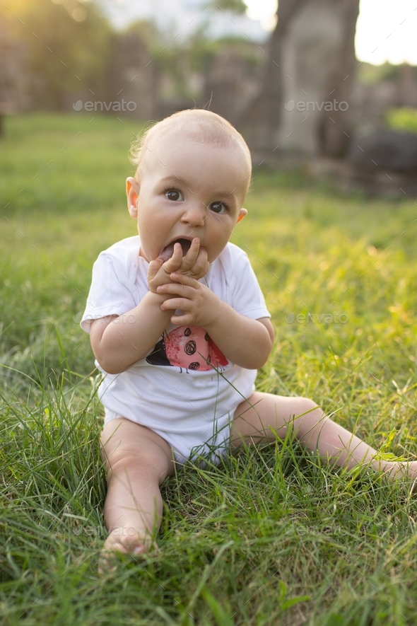 Little boy sit in the grass. Baby is played and eats grass. Knowledge ...
