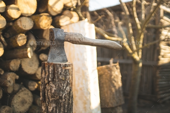 Ax for cutting firewood. Old vintage ax. Timber harvesting. Rural life ...
