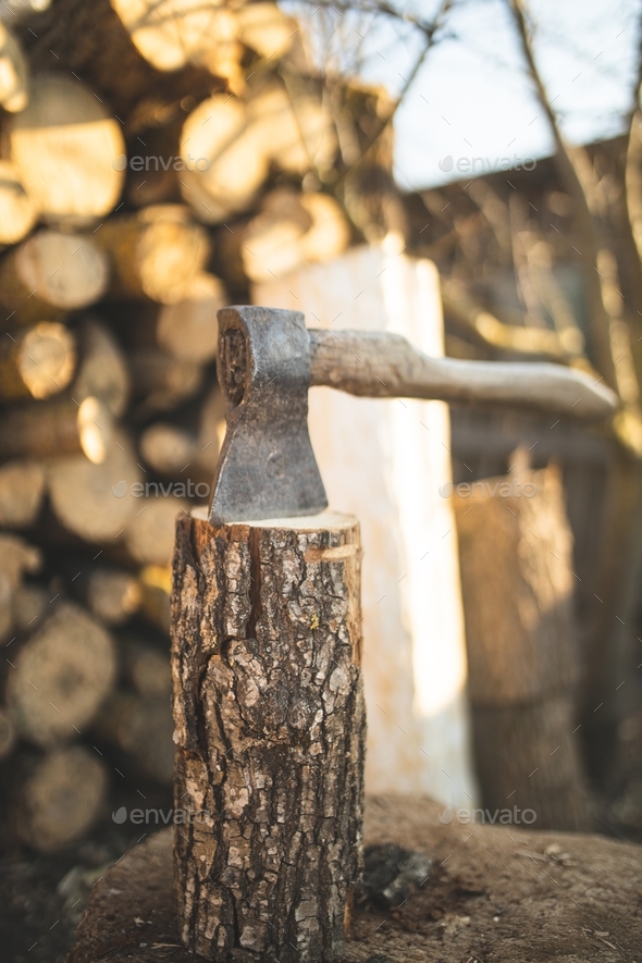 Ax for cutting firewood. Old vintage ax. Timber harvesting. Rural life ...
