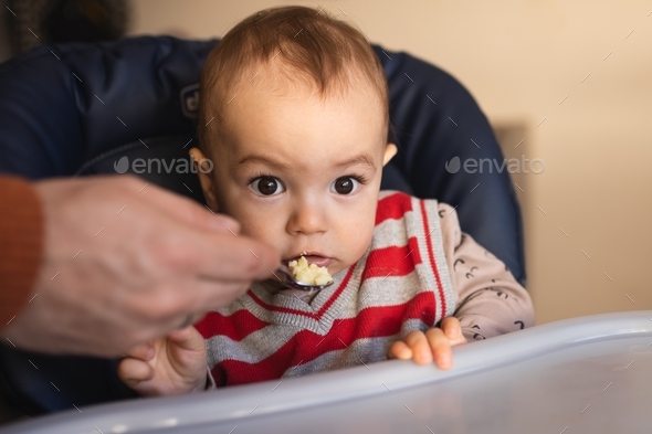 Little boy is learning to eat. Complementary feeding of the child. The ...