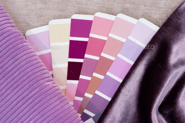 Catalog of multi-colored fabric samples and palette. Textile industry ...