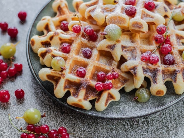 Viennese waffles garnished with fresh currants and gooseberries. Stock ...