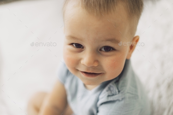 Happy little Boy. Portrait of a cute little boy in a bedroom. Stock ...