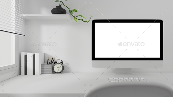 Workplace background with blank screen modern desktop computer. white ...