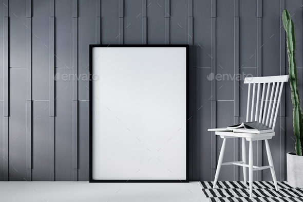 Square blank picture frame on grey wall vector image. Stock Photo by ijeab
