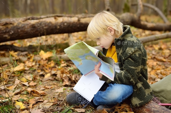 Little boy scout is orienteering in forest. Child is sitting on fallen ...