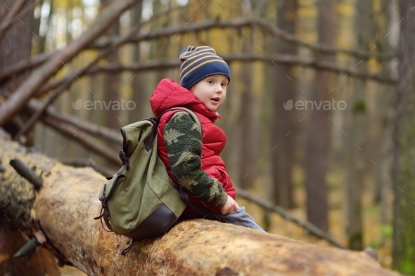 Little boy scout during hiking in autumn forest. Child is sitting on ...