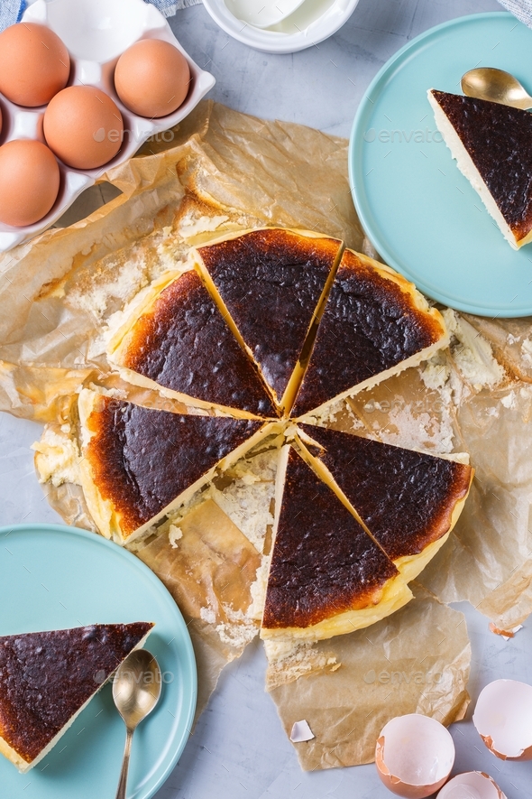 Basque burnt cake, New York style cheesecake, Spanish local food Stock ...