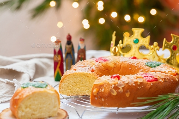 Traditional Spanish Epiphany cake, Roscon de Reyes with festive ...