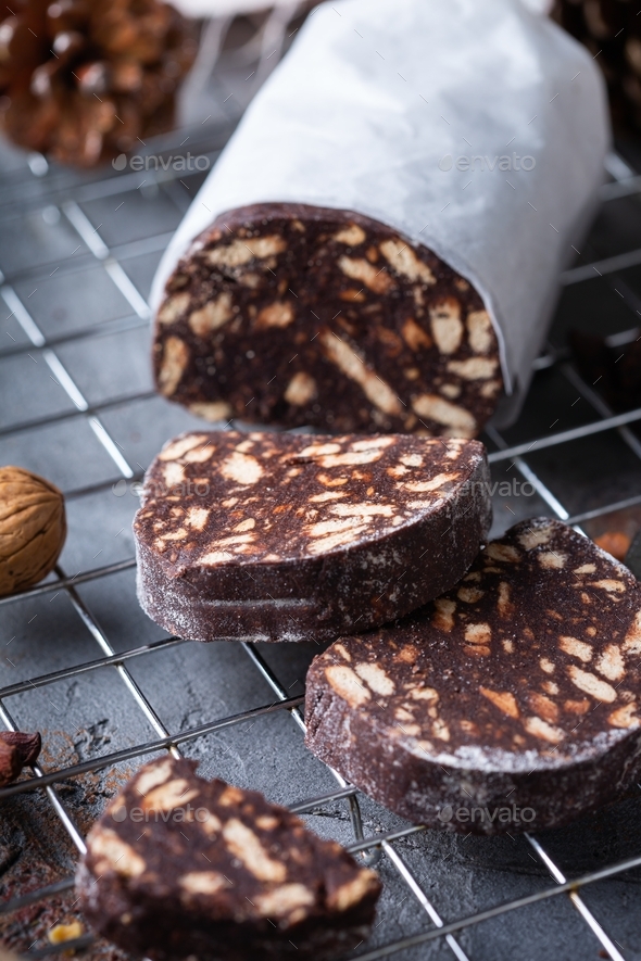 Traditional homemade Italian dessert - christmas chocolate salami Stock ...