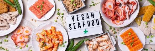 Vegan Plant based fish and seafood, food reducing carbon footprint ...
