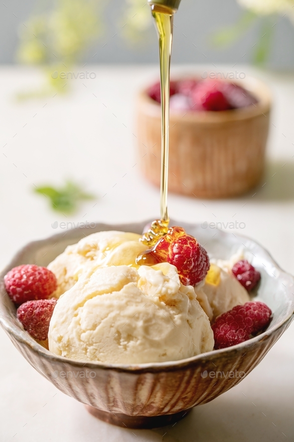 Homemade caramel vanilla ice cream with flowing syrup Stock Photo by ...