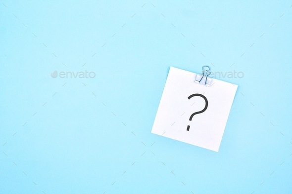 White sticker with question mark on a blue background. Minimalism. Flat ...