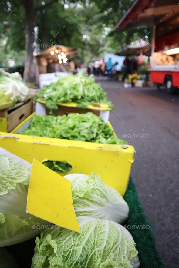 View of street market stall with fresh cabbage and lettuce Stock Photo ...