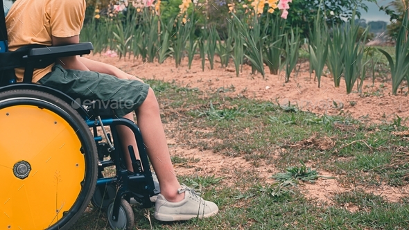Happy disabled teenager boy in wheelchair on the flowers garden. Stock ...