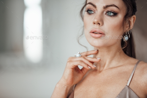 Portrait full face of millennial candid authentic romantic lady joy in ...