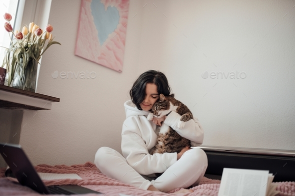 Smile candid authentic zoomer girl with laptop and books distance ...