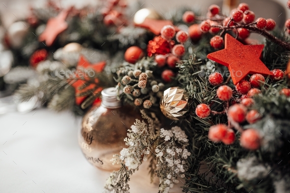 Close-up Christmas tree still life with decorations ornaments lights ...