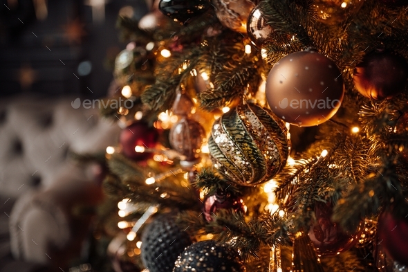 Close-up Christmas tree still life with decorations ornaments lights ...