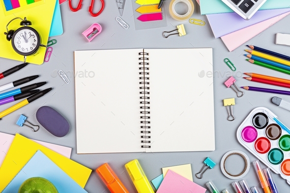 Back to school. Flat lay top view overhead mockup with copy space ...