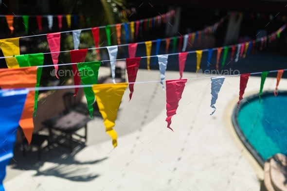 Decorating with colorful flags for songkran celebrating (Thailand new ...