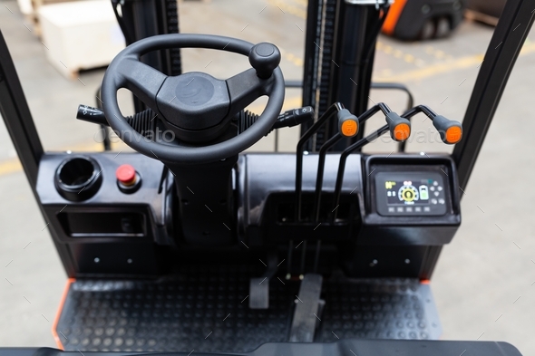 Detail of forklift cabin on industrial warehouse. Stock Photo by ...
