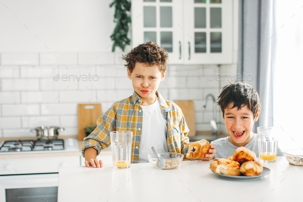 Two siblings tween boys real brothers having breakfast on bright ...