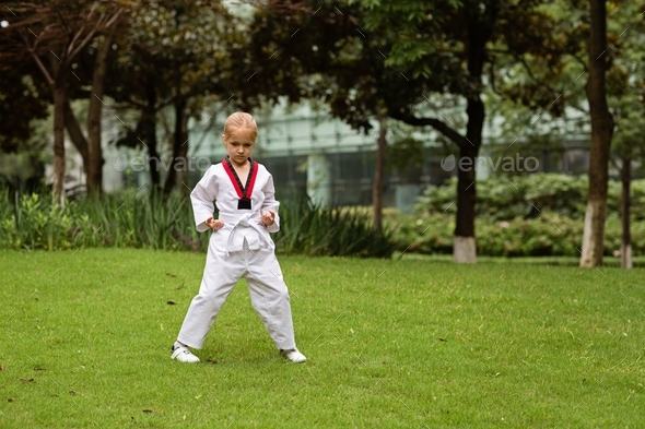Caucasian little girl six years old exercising taekwondo outdoor Stock Photo by alinabuphoto