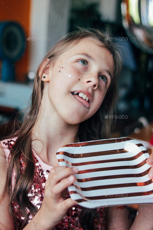 Beautiful tween girl with long curly hair and cute shiny freckles ...