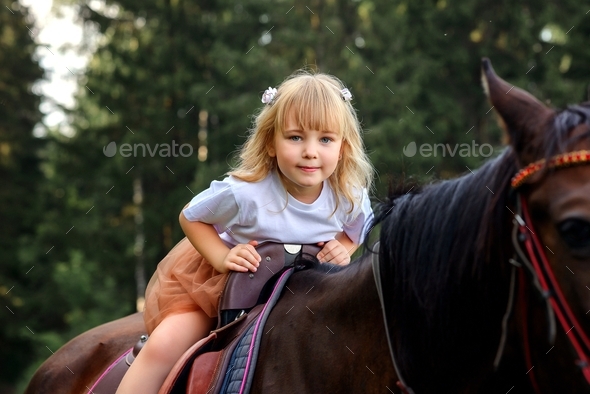 beautiful little girl riding a horse in the summer forest Stock Photo ...