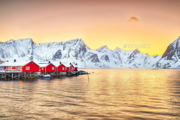 Traditional Norwegian red wooden houses on the shore of Reinefjorden ...