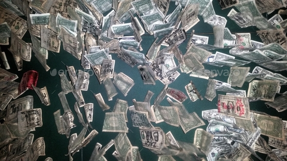 Money in dollar bills stapled to ceiling of Irish pub blown by ceiling ...