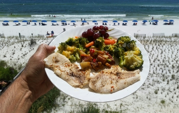 Plate of summer foods at the beach with people eating outdoors on deck ...