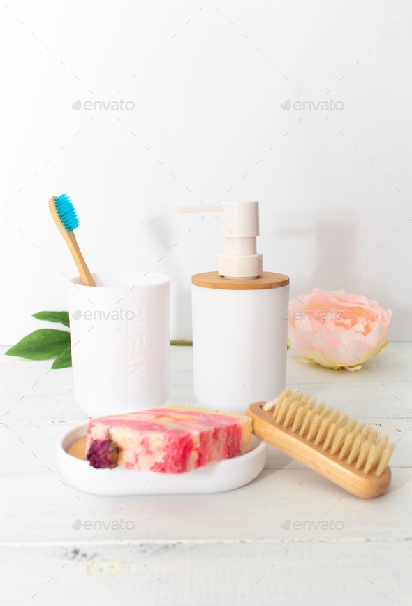 Toiletries and personal hygiene products on white background in ...