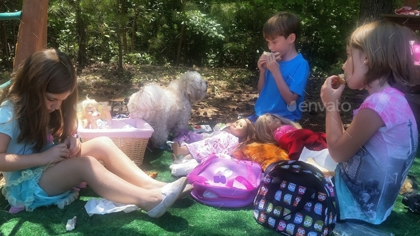 Light and shadows hit Gen z kids and dog having a family picnic in ...