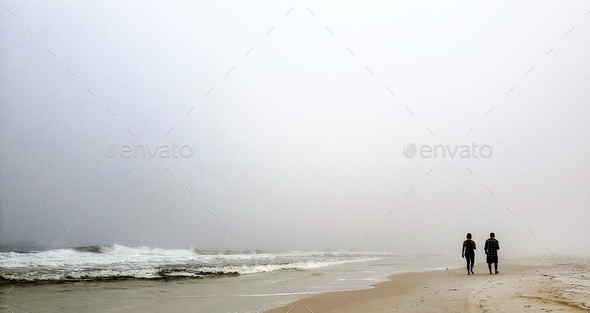 A sea of Minimalism in morning routines of fitness walking on beach ...
