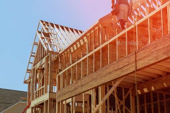 Framing structure wood frame of wooden houses home Stock Photo by photovs