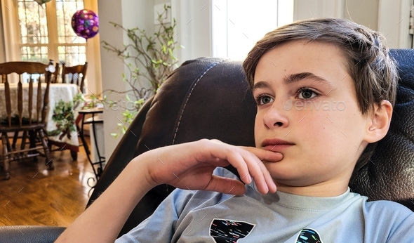 Portrait of face and emotions of concentration and consideration in ...