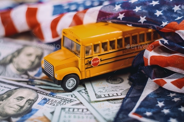 Yellow school bus children educational transport with signs in US ...