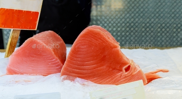 Tuna on Ice on a Fish market fish market or supermarket on display for ...