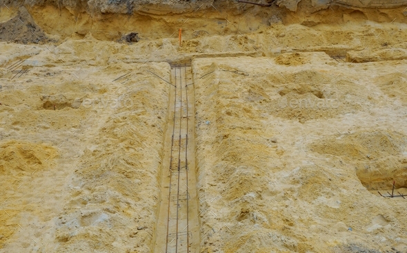 drainage pipe and trench with formwork, which is prepared for pouring ...