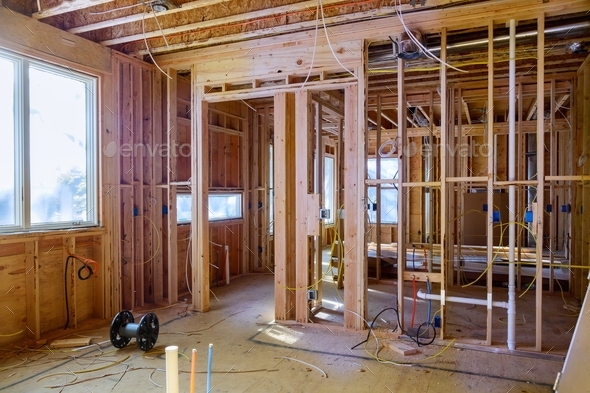 Construction home interior inside a framing on residential beam ...
