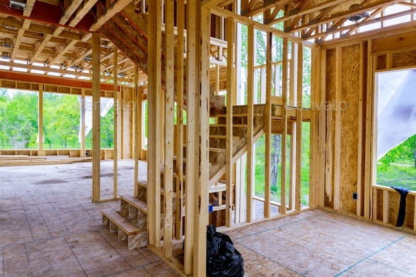 Wooden beam house construction home framing interior residential home ...