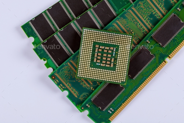 CPU chip processor and RAM memory modules in isolated on white ...