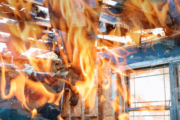 Burning wooden house fire view rise from burning house Stock Photo by ...