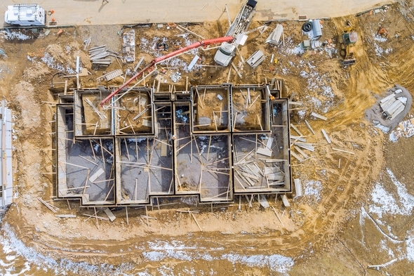 Preparation of foundation site of new house, building, details ...